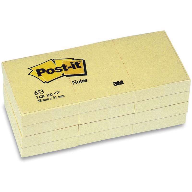 Køb Post-it blok 653 gul 38x51mm 100bl 3M 12blk/pk. hos Kontorlands Webshop