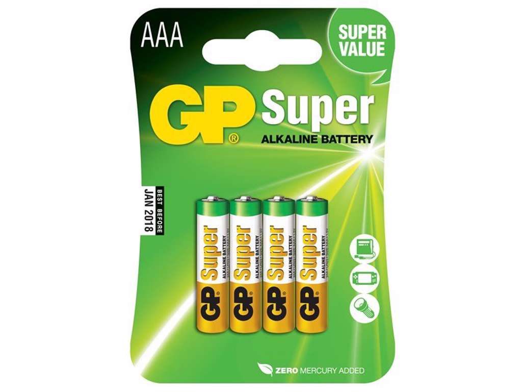 Køb GP Super Alkaline AAA batterier 4 stk hos Superhelten Legetøj