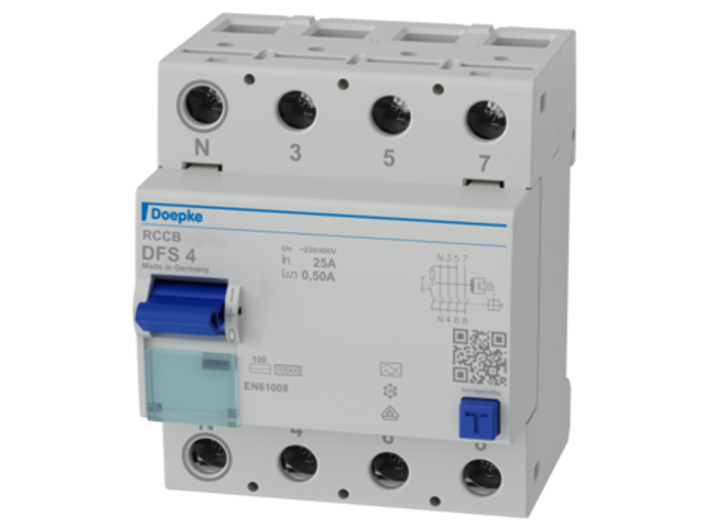 Doepke PFI (RCD) 25A 500mA 4P 10kA Type A - Nul i venstre side