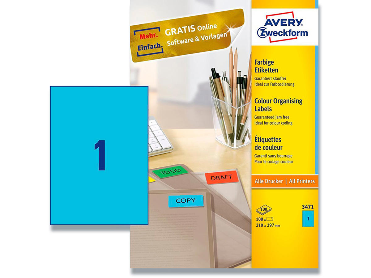Køb Etiket 210x297mm A4 blå 100stk/pk hos Kontor Syd