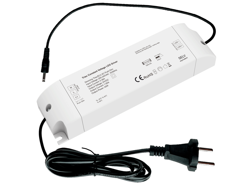 LED driver 24V 40W, Triac/Push dæmpbar, inkl. AC og DC adapter (35135)