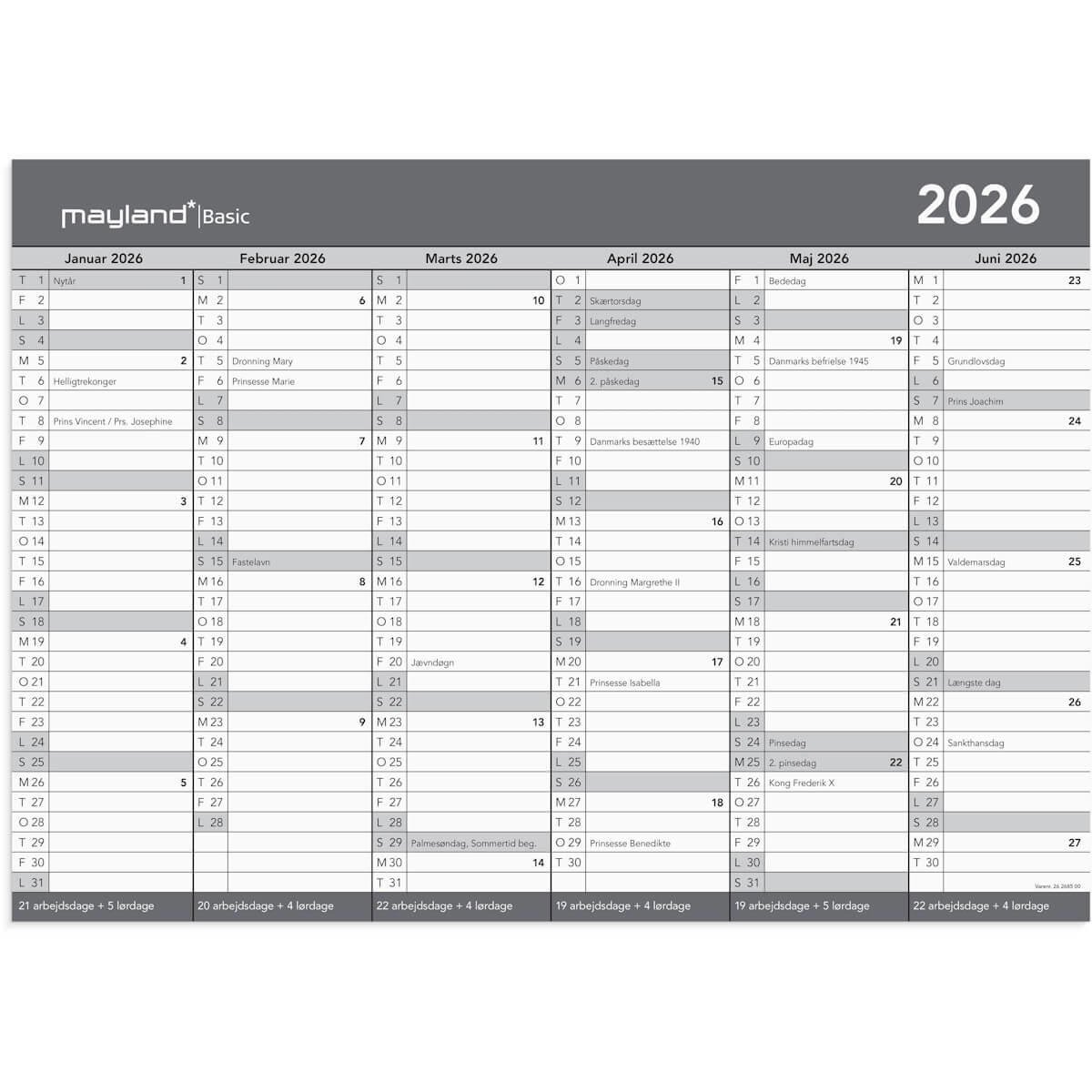 Køb Basic kontorkalender A3 2026 hos Kontorlands Webshop